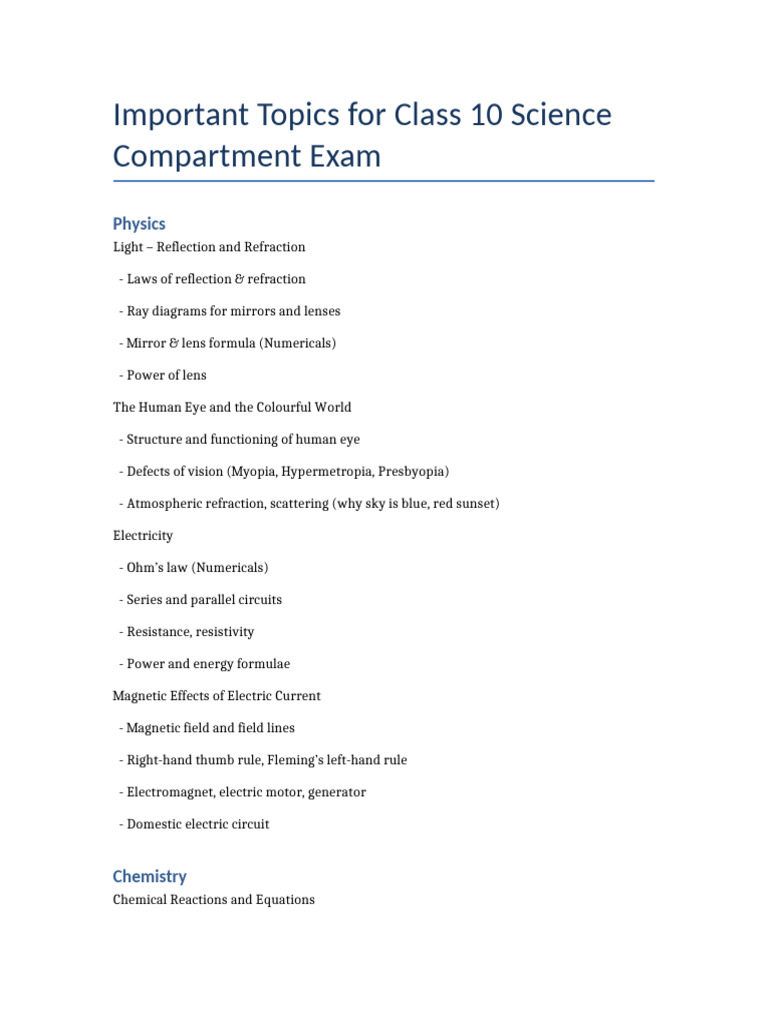 Key Topics for Class 10 Science Exam | PDF
