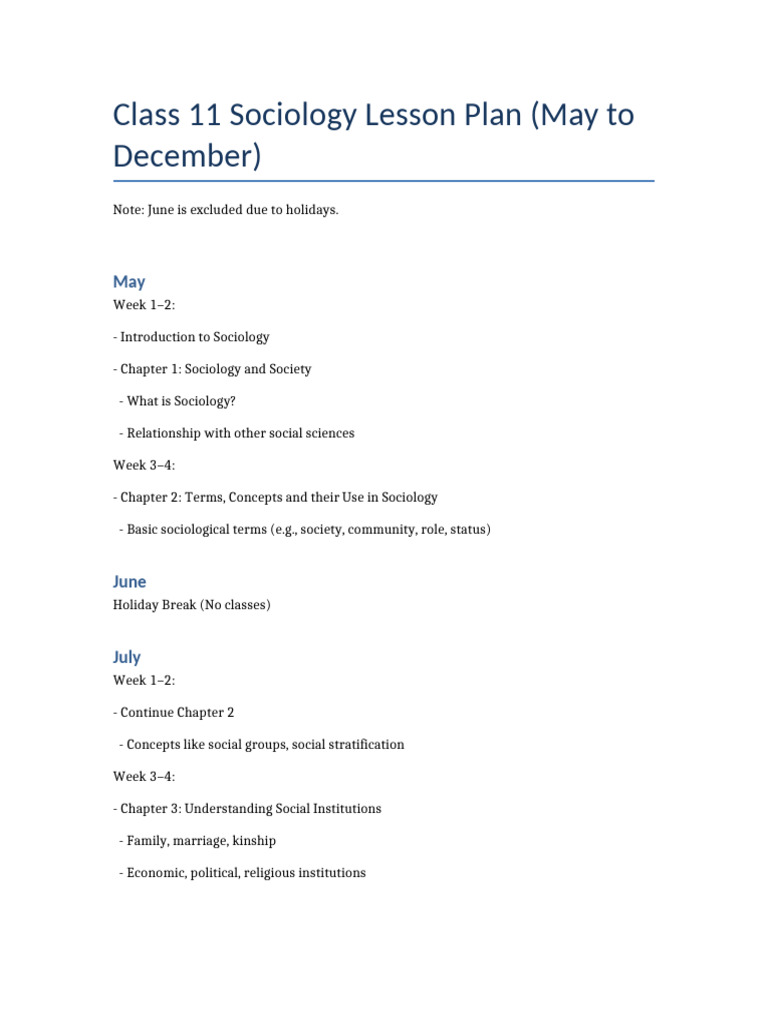 Class 11 Sociology Lesson Plan (May To December) | PDF