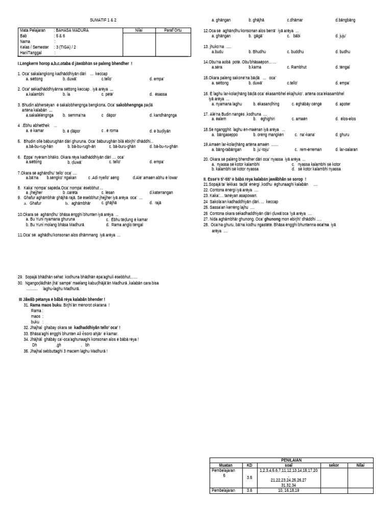 SOAL Bhs Madura KLS 3 | PDF