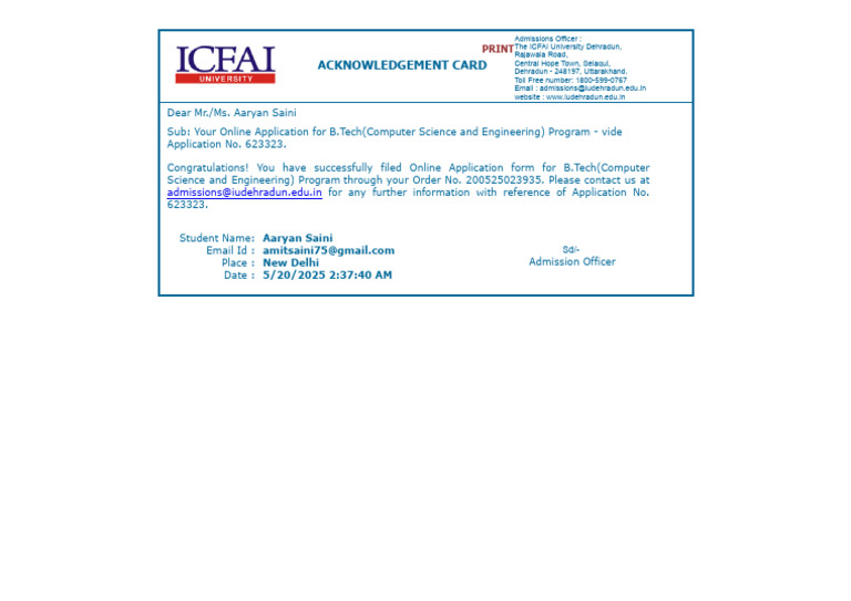 Admission Acknowledgement Card | PDF