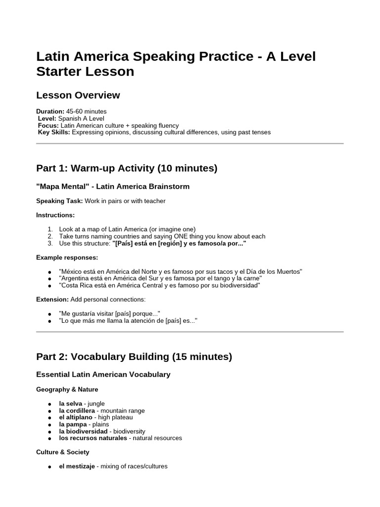 Latin America Speaking Practice - A Level Starter Lesson | PDF ...