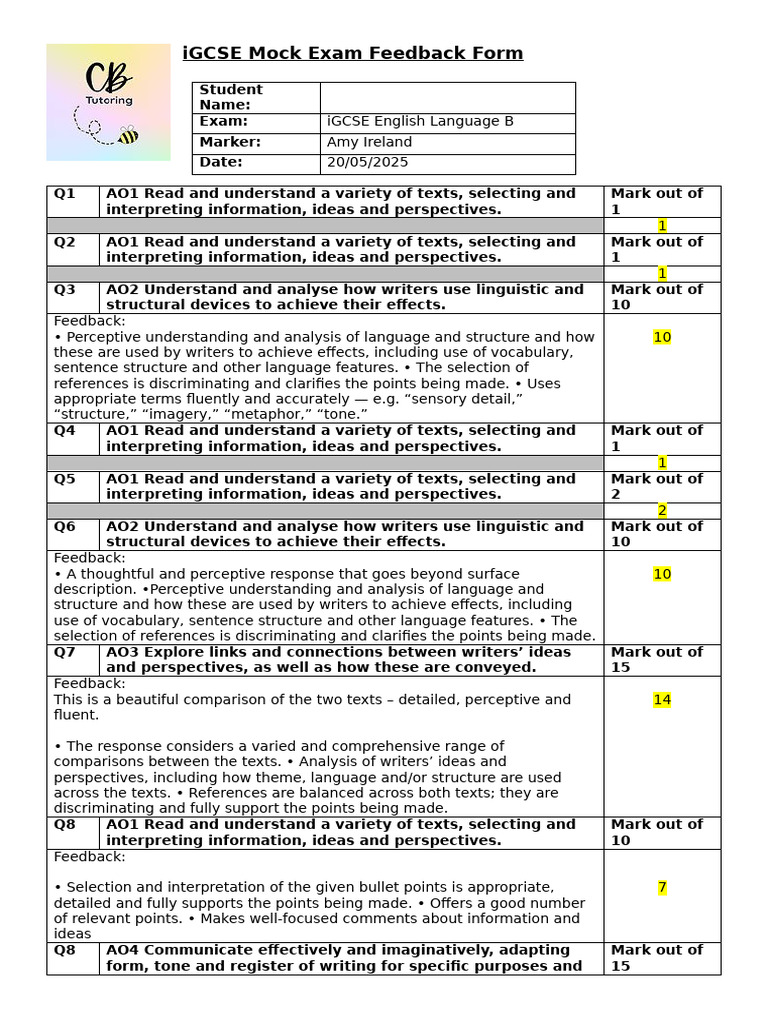 IGCSE Mock Exam Feedback Form | PDF | Information | Vocabulary