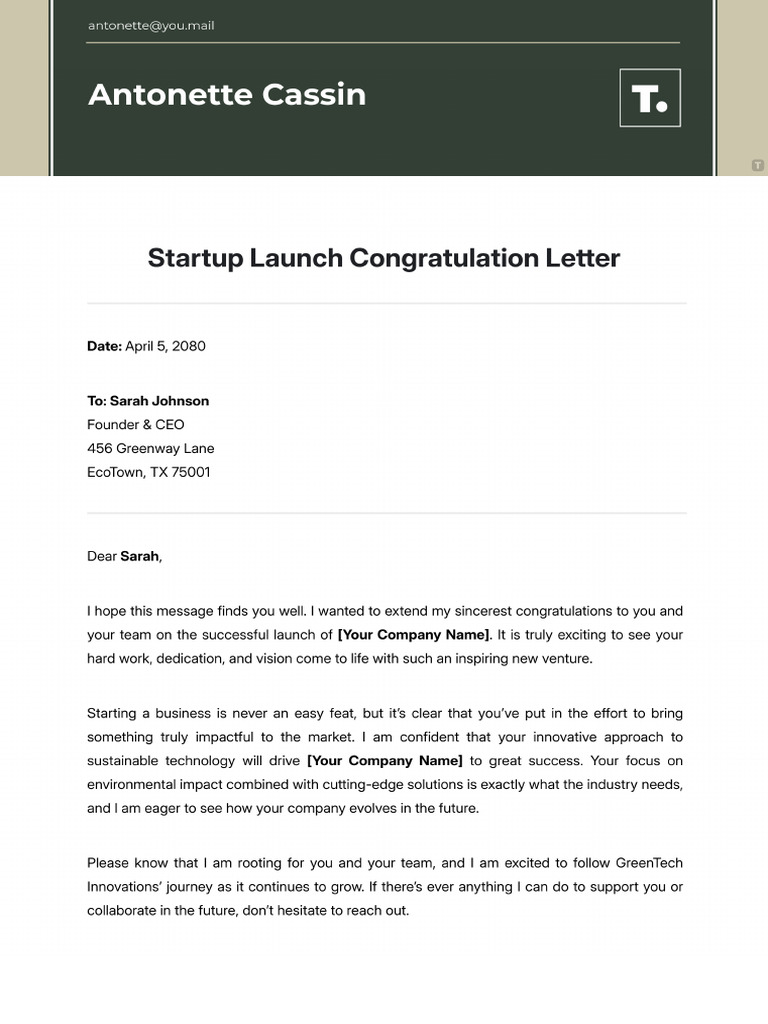 Startup Launch Congratulation Letter Template | PDF