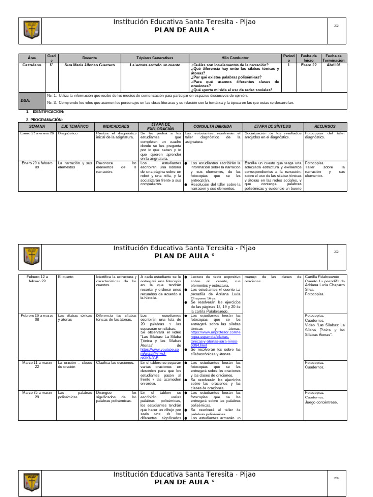 Plan Aula Castellano Quinto | PDF
