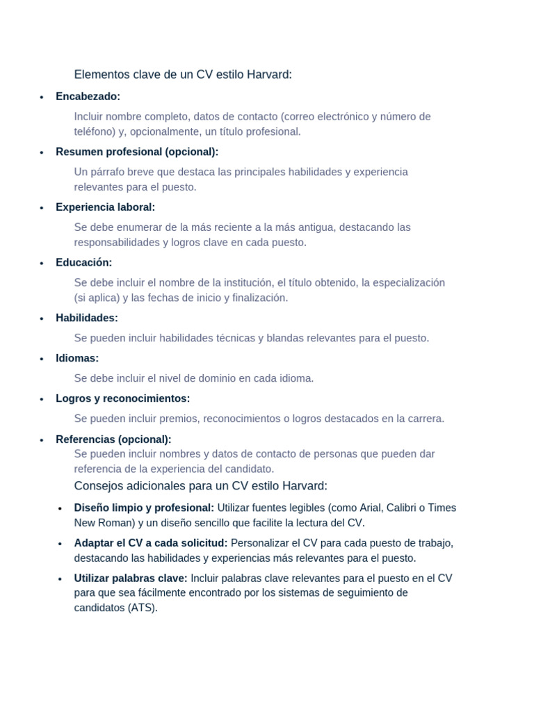 Elementos Clave de Un CV Estilo Harvard | PDF