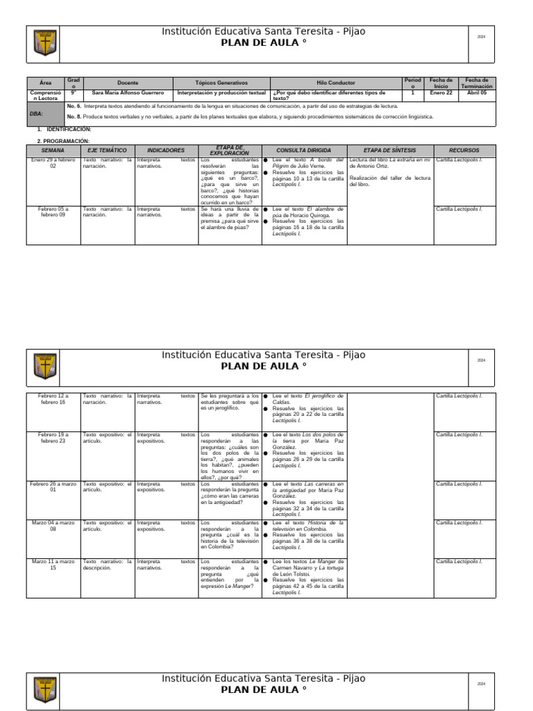 Plan Aula Comprensión Lectora Noveno | PDF | Aprendizaje | Comunicación humana