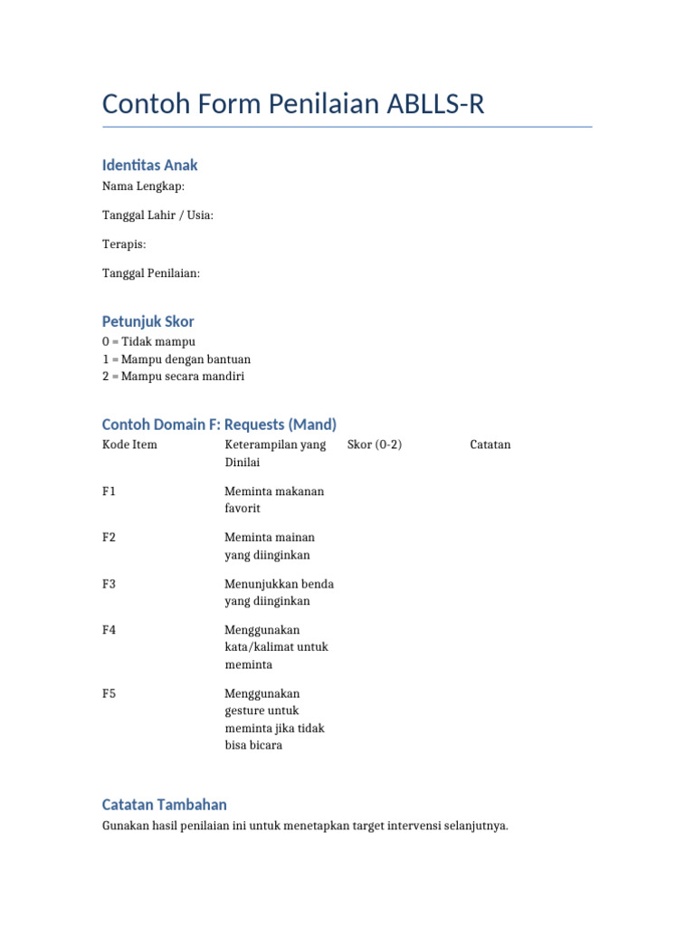 Form Penilaian ABLLS-R untuk Anak | PDF