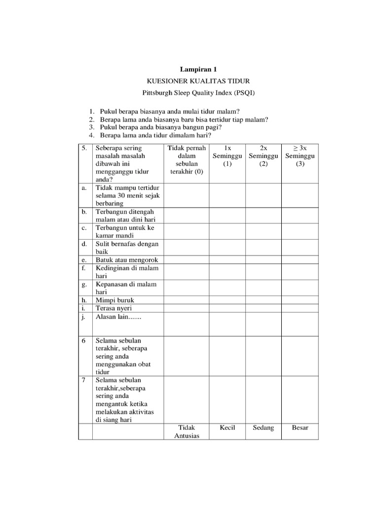 Kuesioner Pittsburgh Sleep Quality Index (PSQI) | PDF