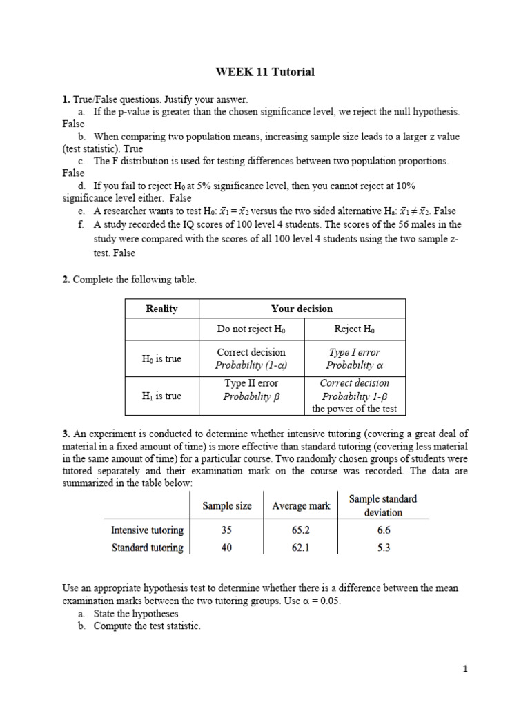 WEEK 11 Tutorial Solutions | PDF | Statistical Significance | P Value