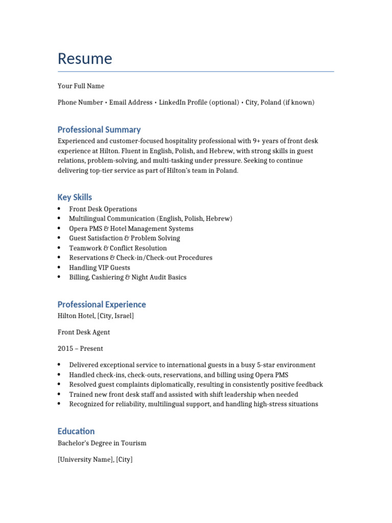 Hilton Resume Poland | PDF
