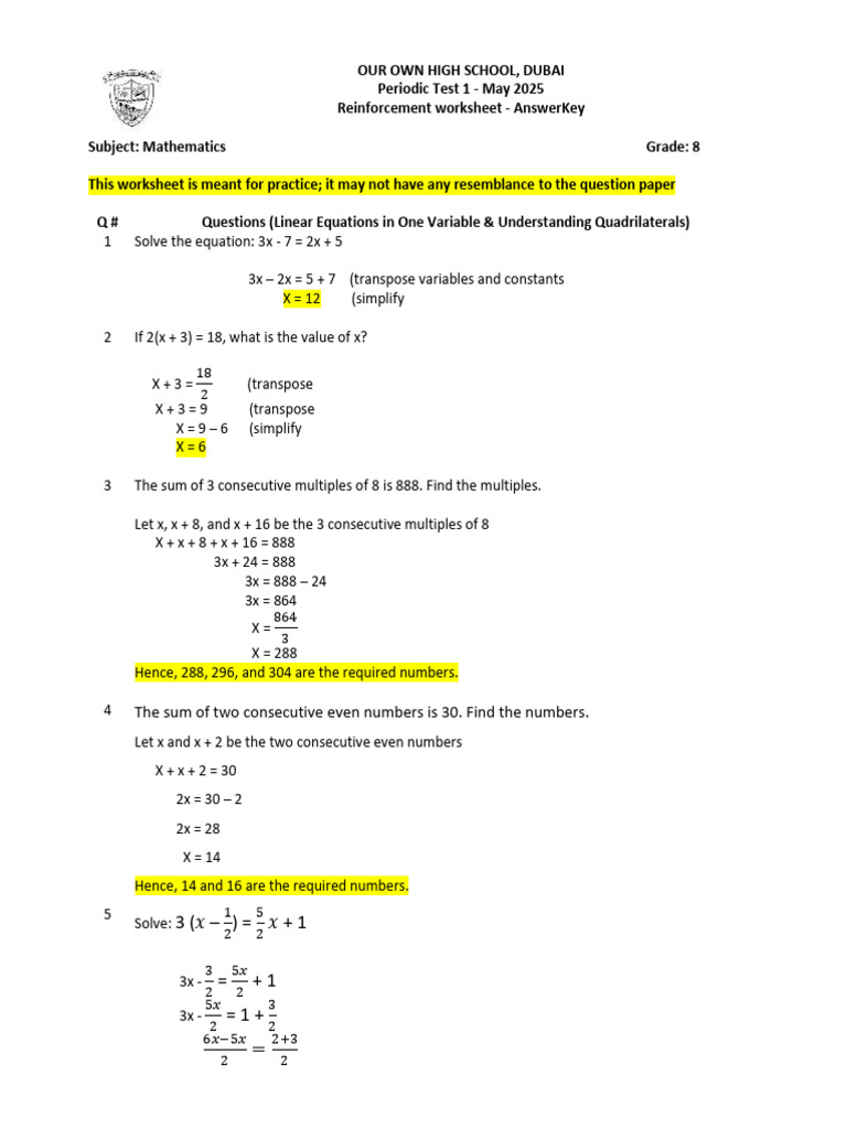 Gr08 PT1 Maths - Reinforcement Worksheet - AnswerKey | PDF | Euclid | Elementary Geometry