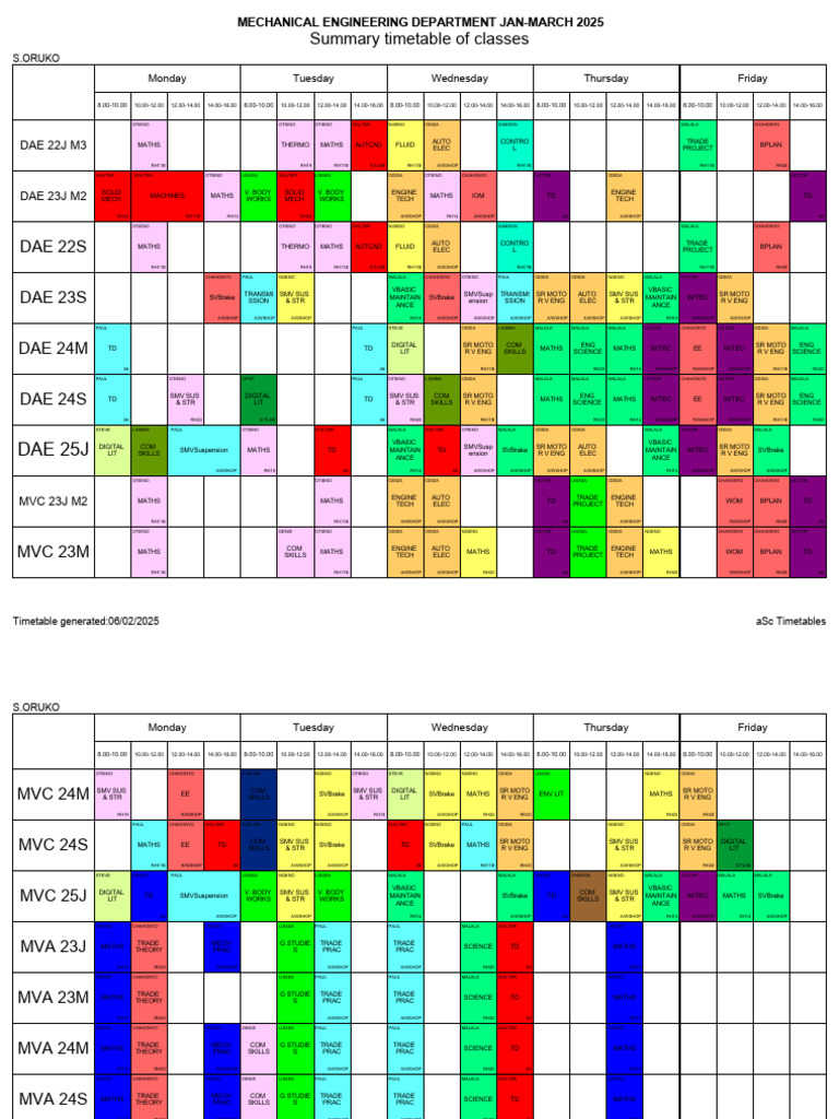 Final Revised Mechanical Jan - March 2025 Combined Timetable | PDF