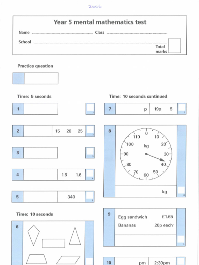 Year 5 2006 Mental Maths Answer Sheet | PDF