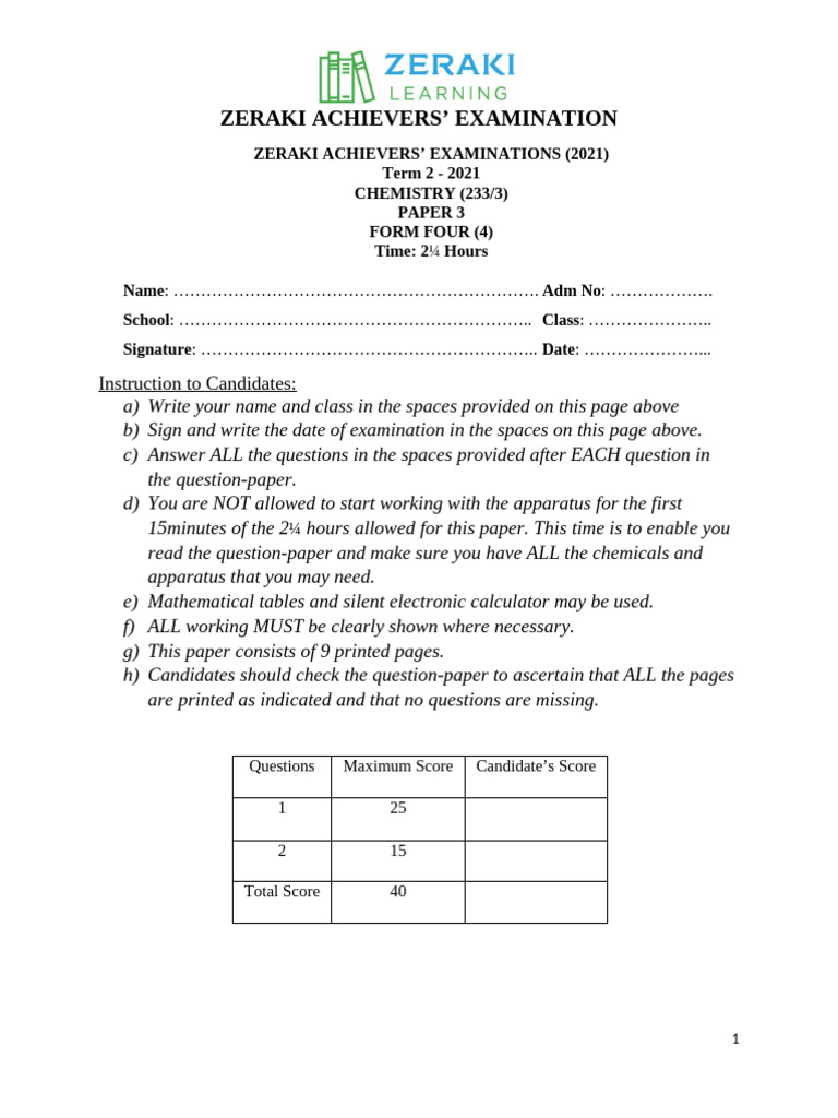 Chemistry Form 4 Paper 3 - Zeraki Achievers 4.0 | PDF | Titration | Chemistry