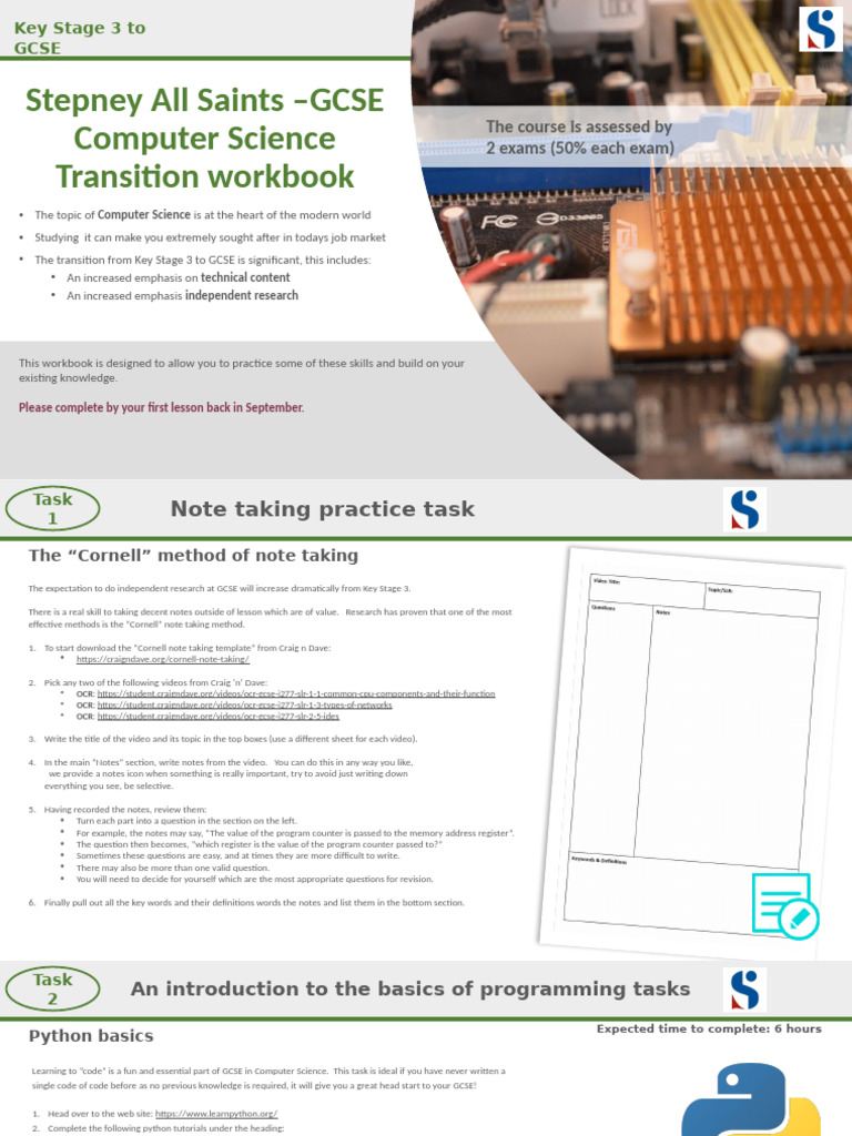 Transition To GCSE Computer Science Workbook - SASS v2 | PDF | Computer Network | Boolean Algebra