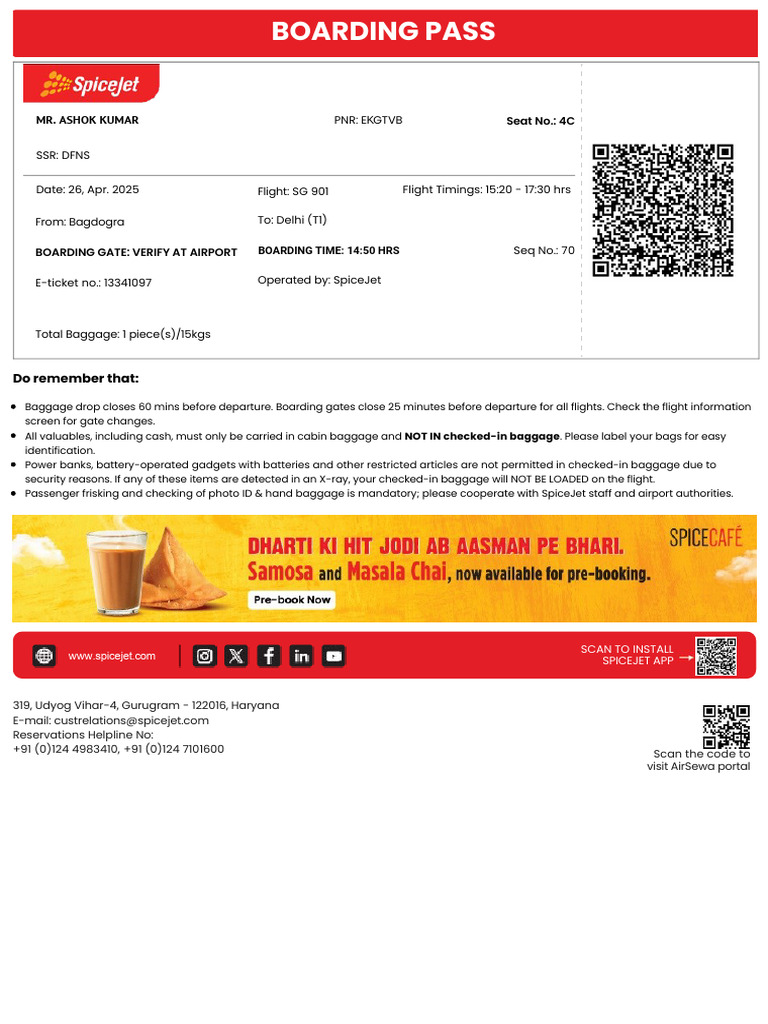 Boarding Pass Ashok Kumar 1105 | PDF