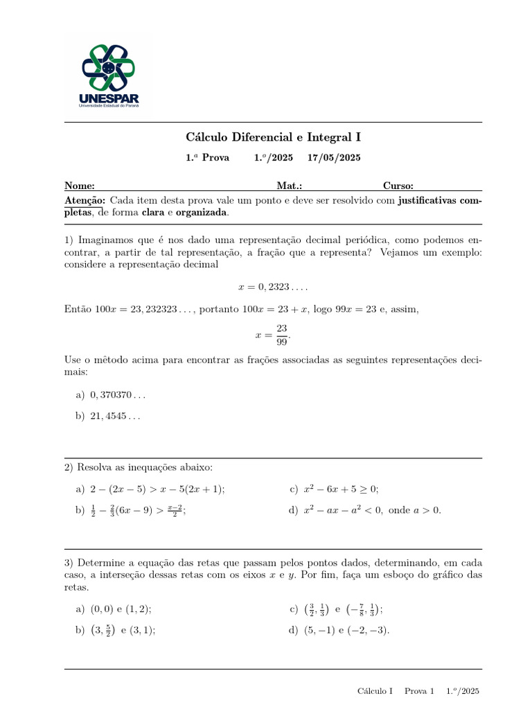 Prova 1 Cálculo 1 Pdf
