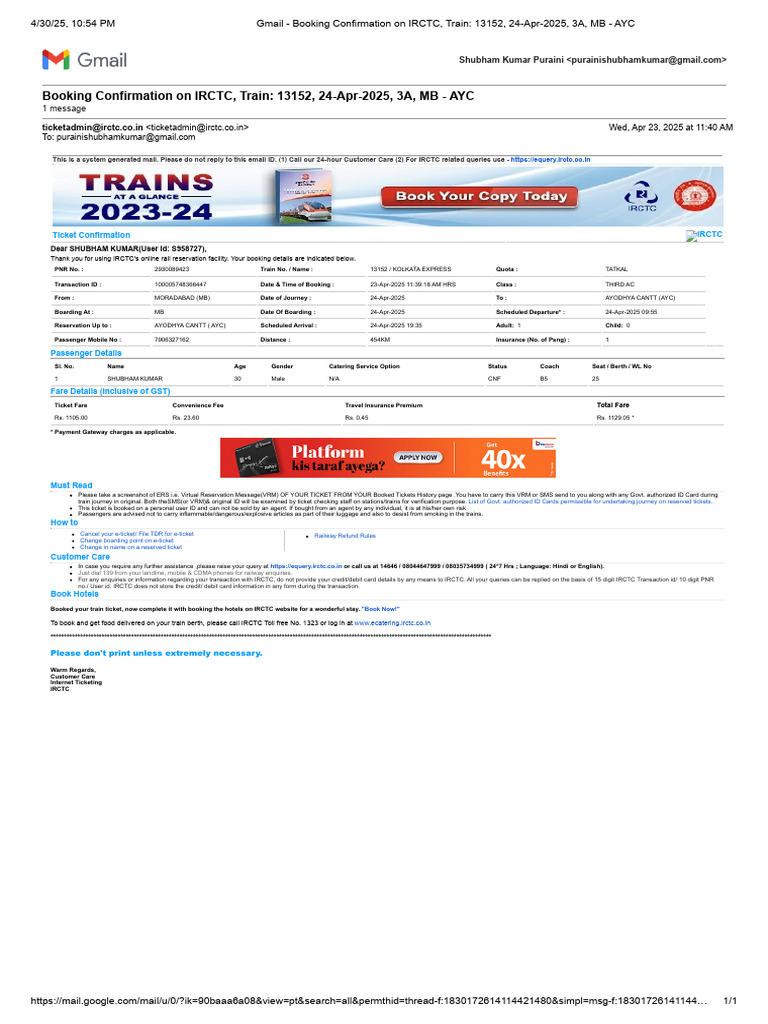 Gmail - Booking Confirmation On IRCTC, Train - 13152, 24-Apr-2025, 3A, MB - AYC | PDF | Service ...