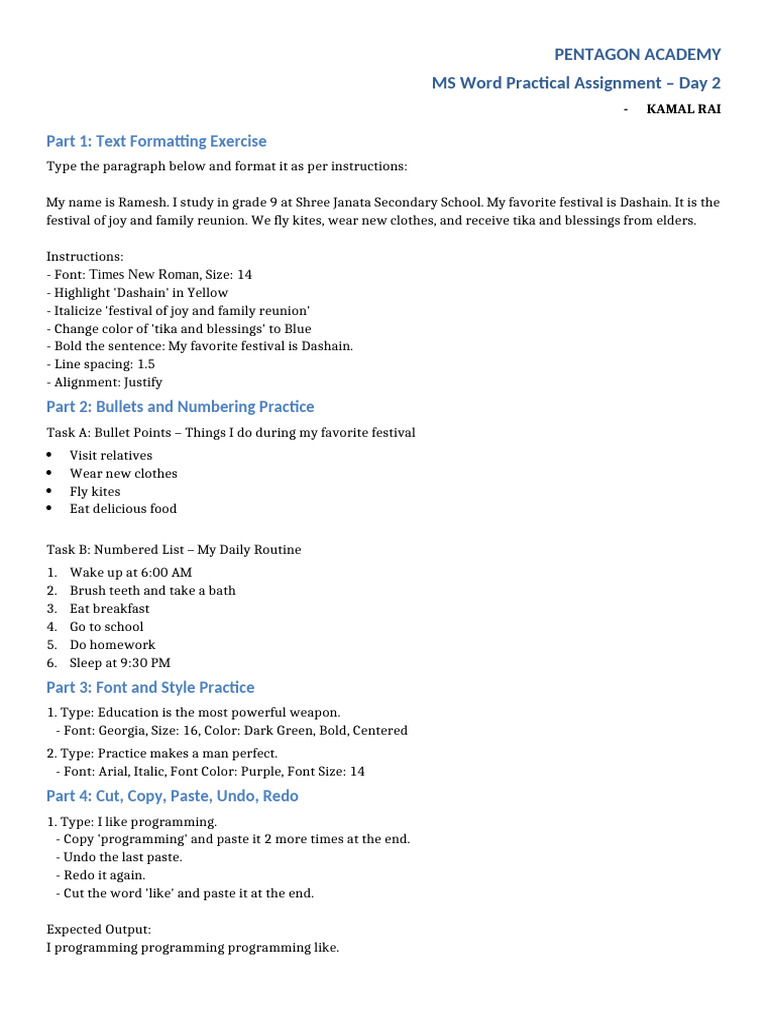 MS Word Practice Assignment Guide | PDF