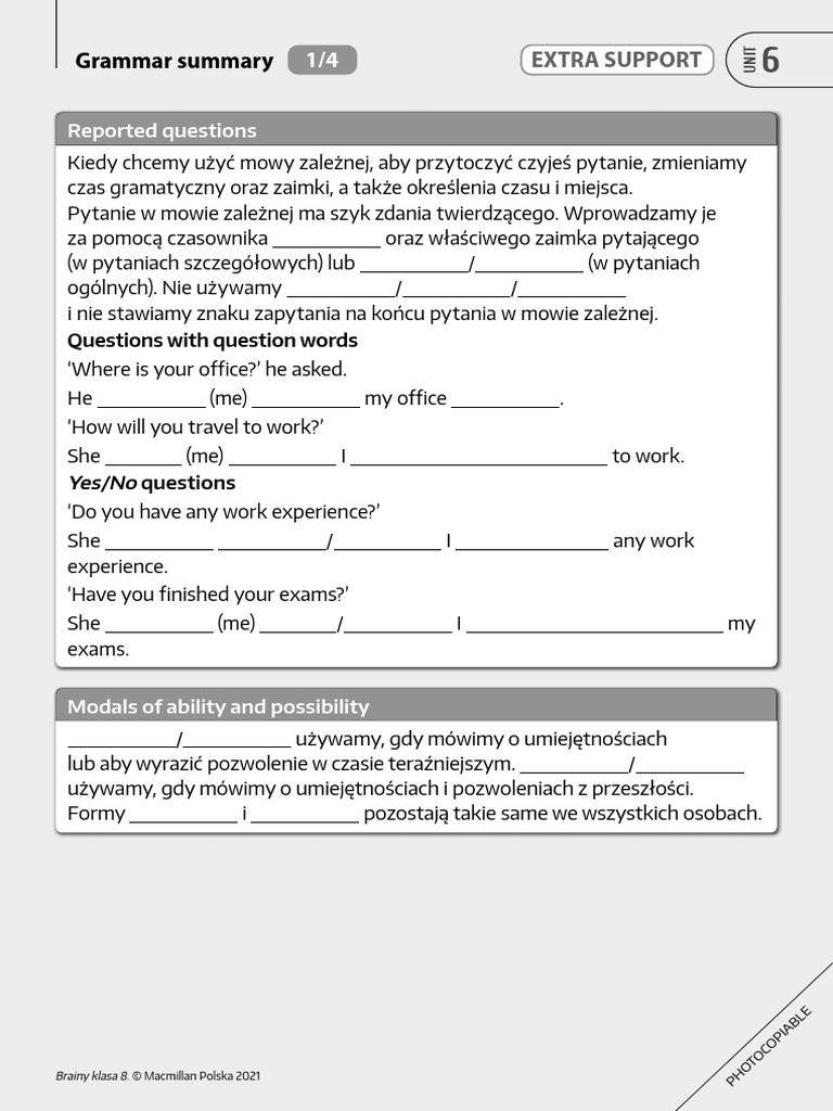 Brainy Klasa 8 TRF Extra Support Unit 6 Grammar Summary | PDF