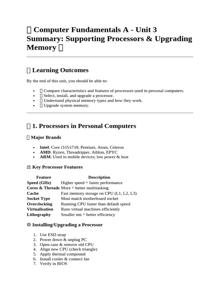 ? (Computer Fundamentals A) - UNIT THREE SUMMARY | PDF | Central Processing Unit | Computer Memory