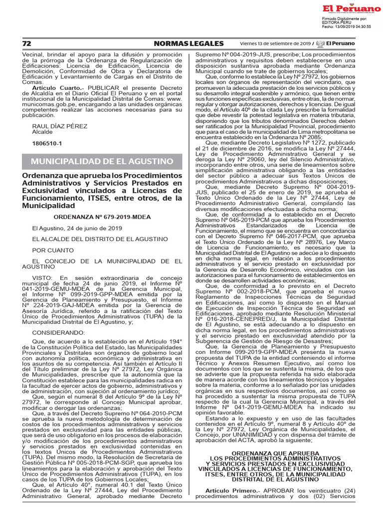 ORDENANZA_N_679_2019_MDEA | PDF | Gobierno local | Perú