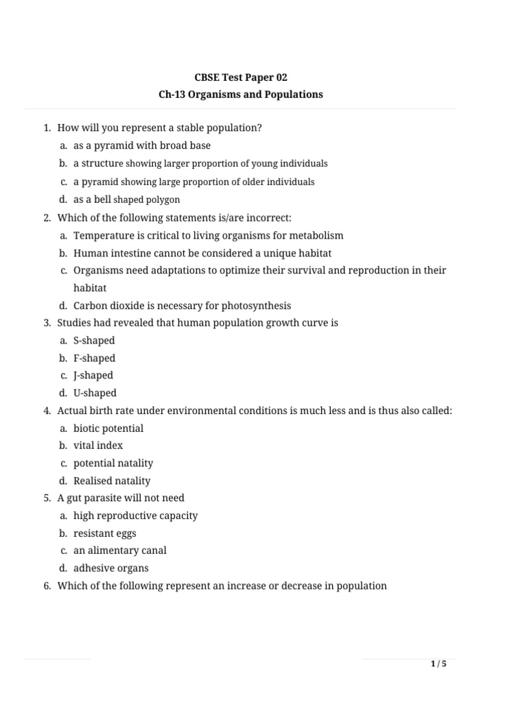 STD 12 - Organism and Population-Work Sheet-2 | PDF | Habitat | Bacteria