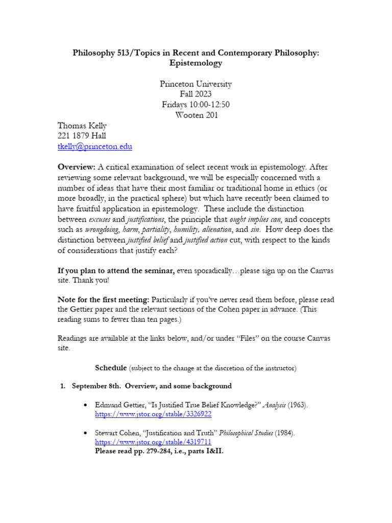 PHI513 F23 Syllabus Epistemology | PDF | Epistemology | Knowledge