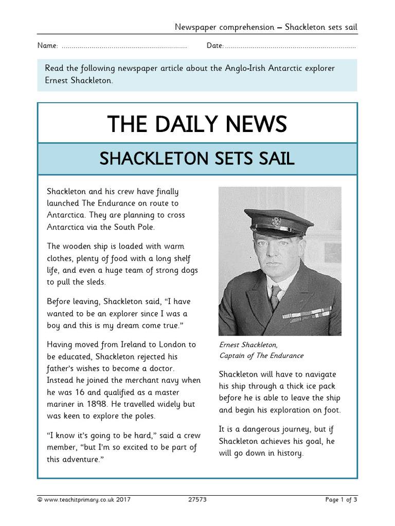 Newspaper Comprehension Shackleton Sets Sail | PDF | Ernest Shackleton ...