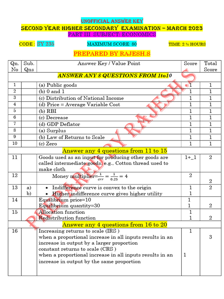 Plus Two Economics Answer Key 2023 By Rajesh Sir Pdf Economic