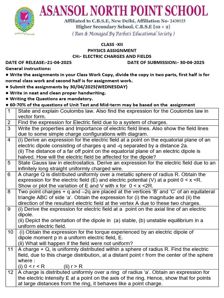 Physics Assignment - CL Xii - CH 1 | PDF | Electric Field | Sphere