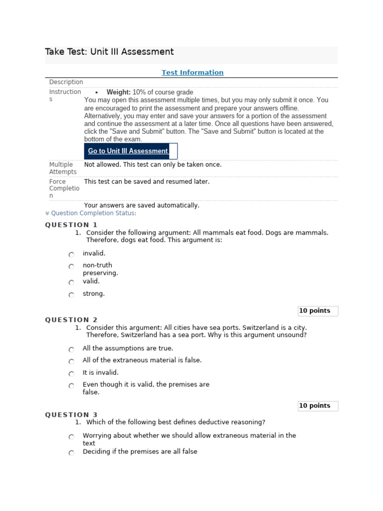 Unit III Assessment | PDF | Argument | Deductive Reasoning
