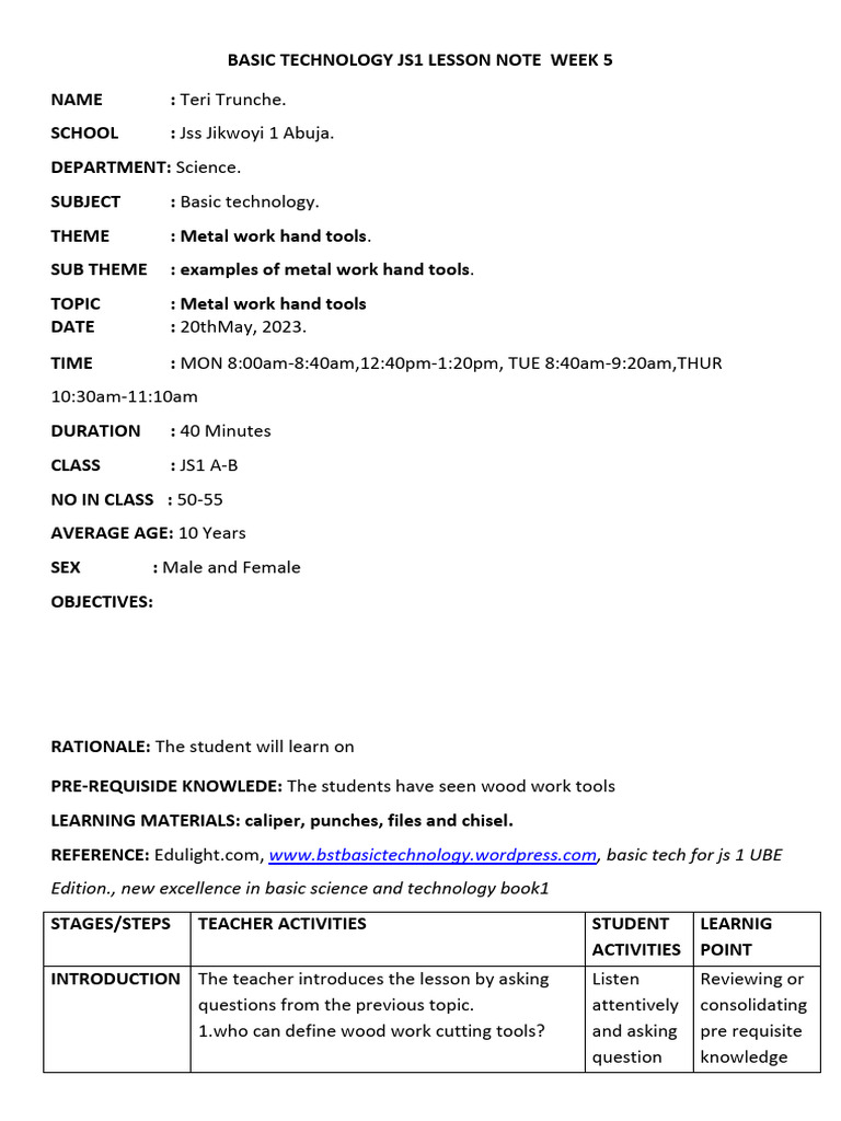 9641 - Lesson Note Week 5 Metal Work Hand Tools | PDF | Metalworking ...