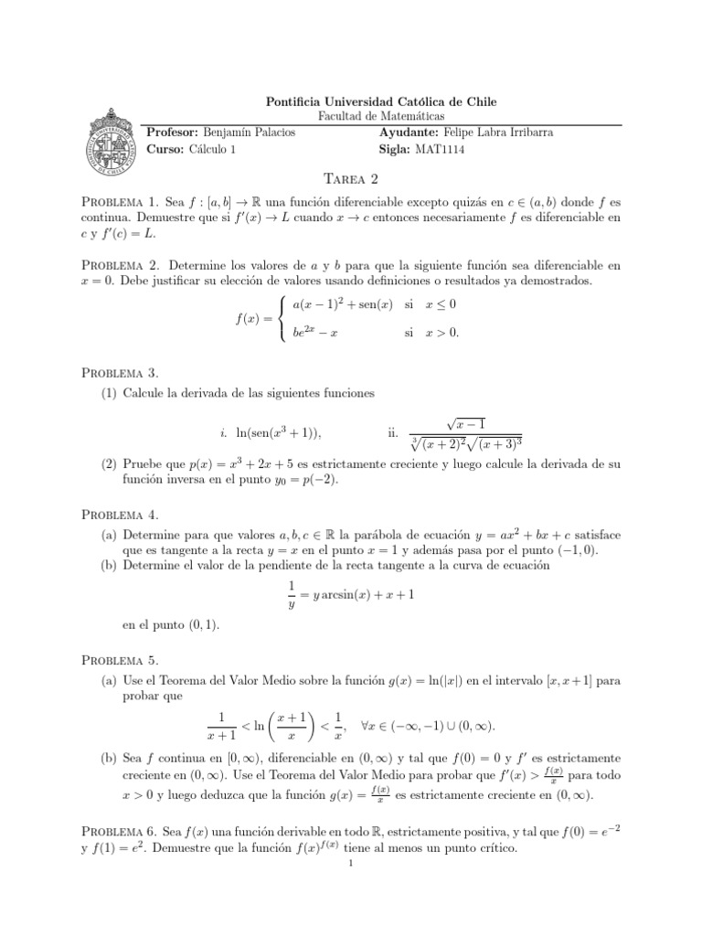 Tarea2_MAT1114_2025_1 | PDF | Derivado | Función (Matemáticas)