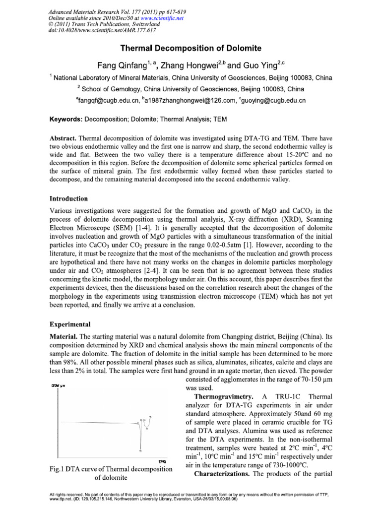 2011-FANG-Thermal Decomposition of Dolomite | PDF