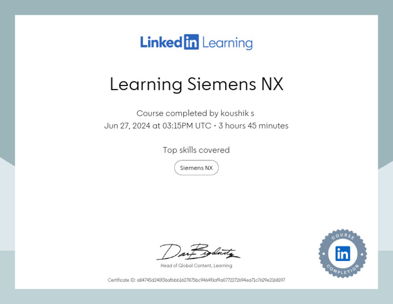 CertificateOfCompletion - Learning Siemens NX | PDF