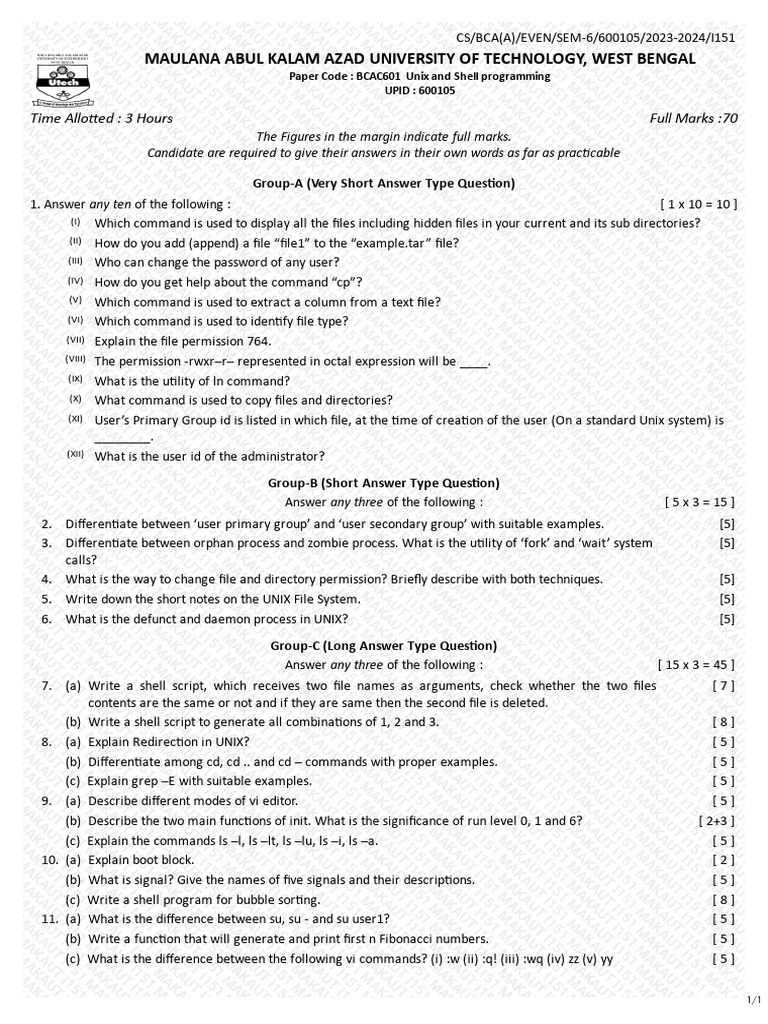 BCAC601 Unix and Shell Programming 600105 2024,23-24 EVEN SEM (Copy ...