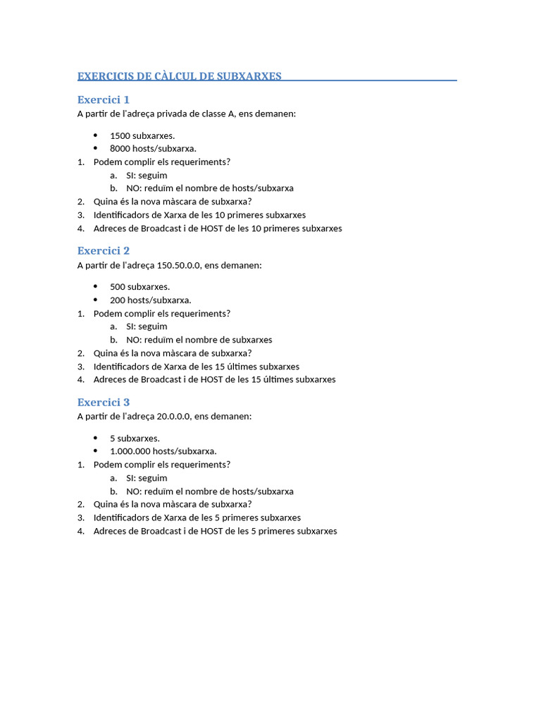 Exercicis Subxarxes - 17 - 18 | PDF