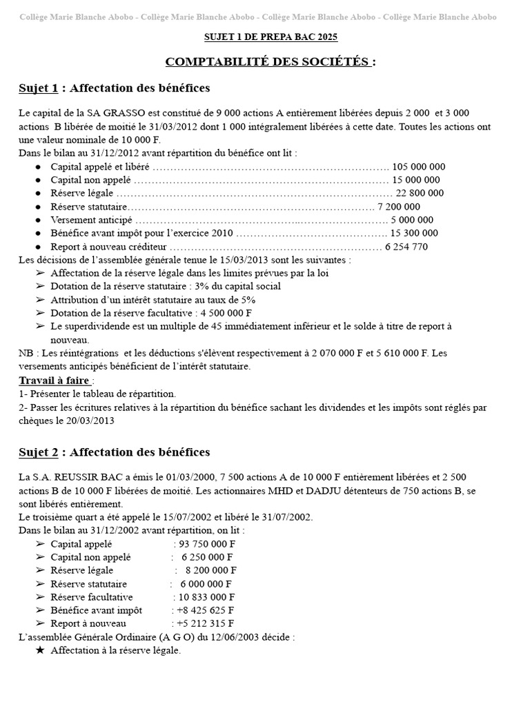 Sujets de Comptabilité Bac G2 2025 | PDF | Capitaux propres | Bilan ...