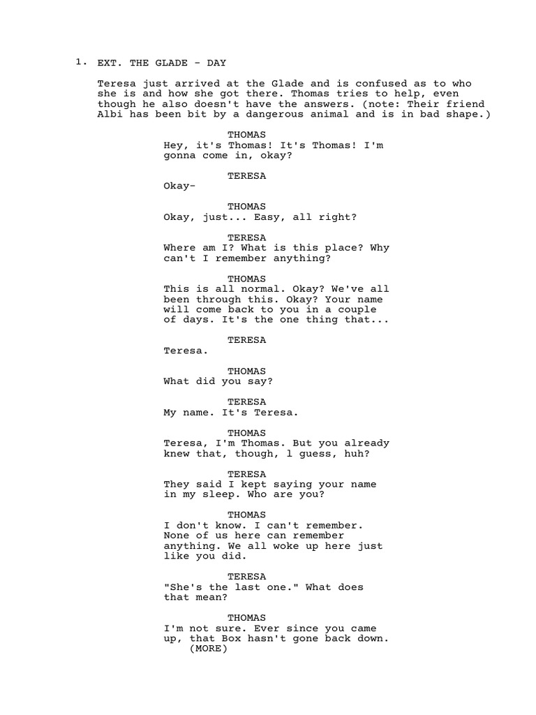 Script 1 - The Maze Runner - Thomas and Teresa - New To The Glade Scene ...