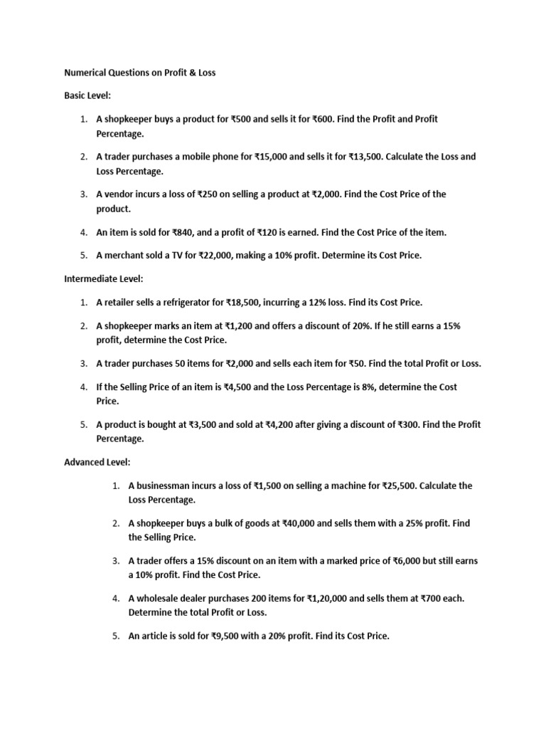 Numerical Questions On Profit & Loss | PDF | Prices | Economies
