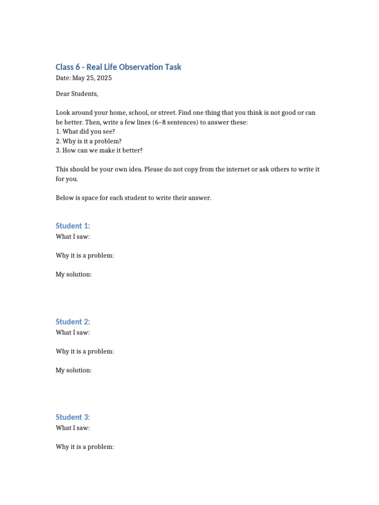 Real Life Observation Task Class 6 | PDF