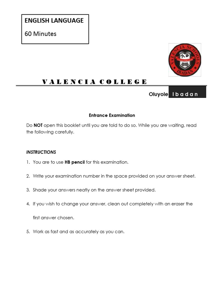 English Language Entrance Exam | PDF
