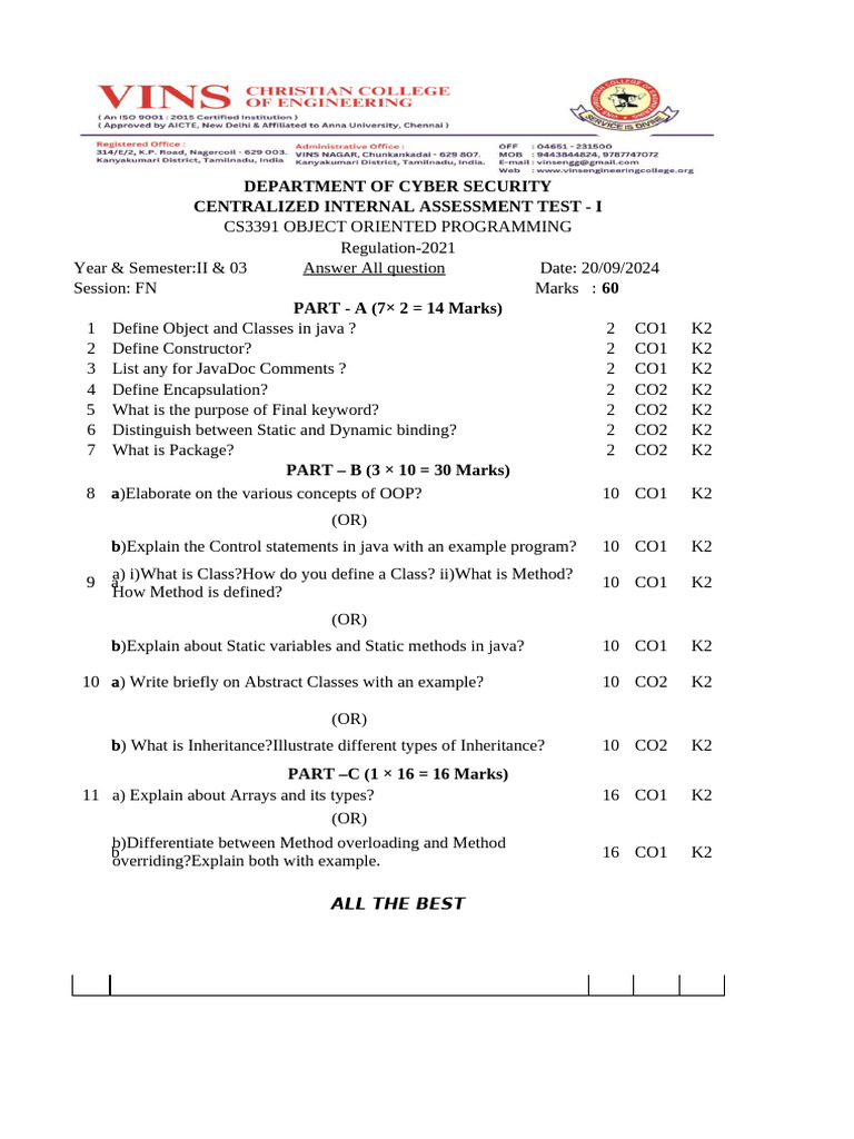 CS3391 Oop Ii CS Int-1 | PDF