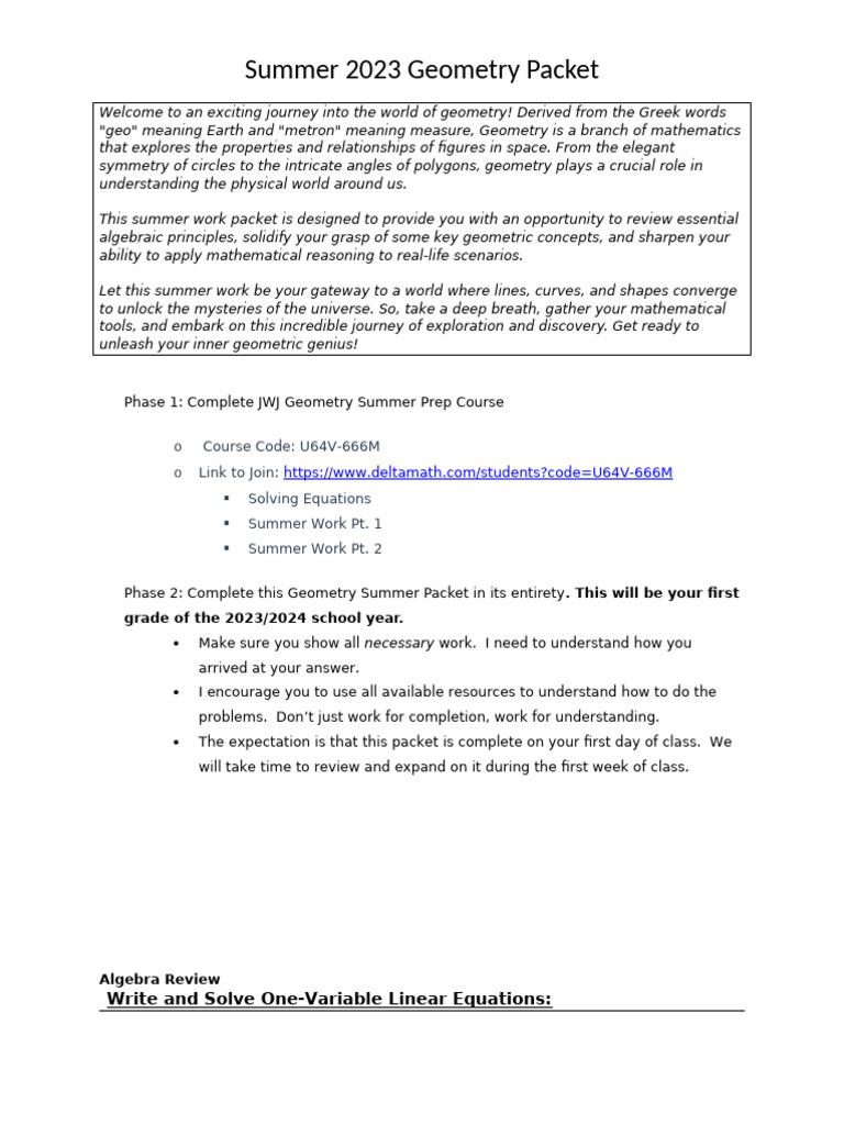 Geometry Summer Packet For 23-24 | PDF | Area | Geometry