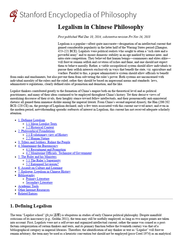 Legalism in Chinese Philosophy (Stanford Encyclopedia of Philosophy ...