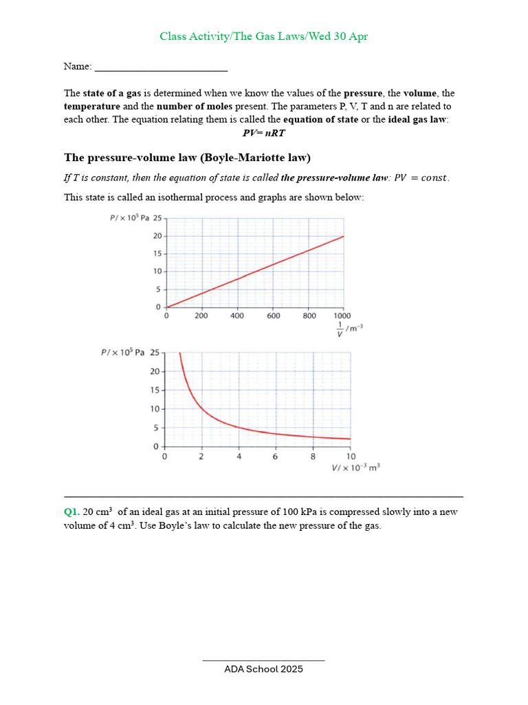 Class Activity - The Gas Laws - Wed 30 Apr | PDF