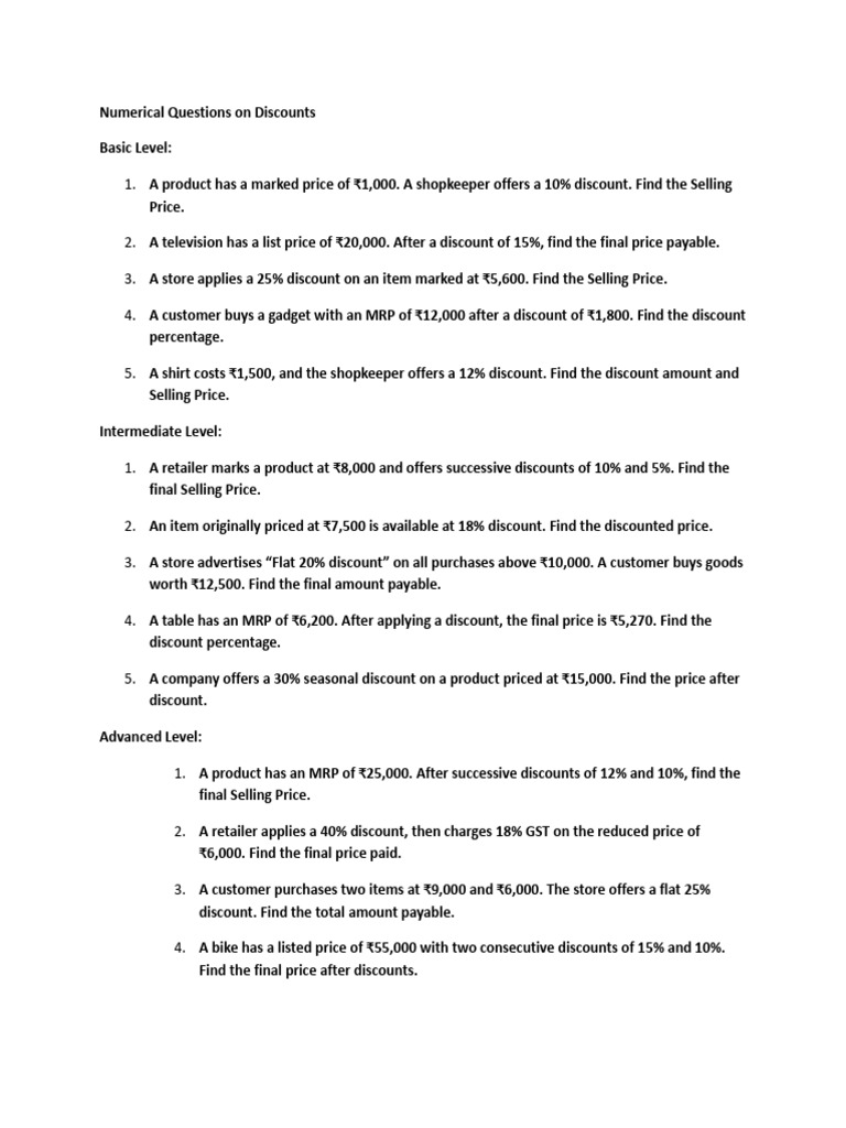 Numerical Questions on Discounts | PDF | Prices | Retail