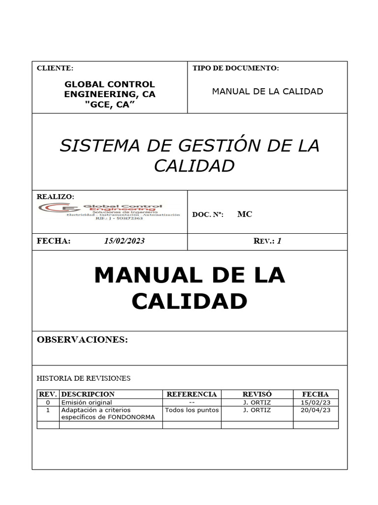 Manual de Calidad Global Control Engineering, Ca | PDF | Calidad (comercial) | Sistema de manejo ...