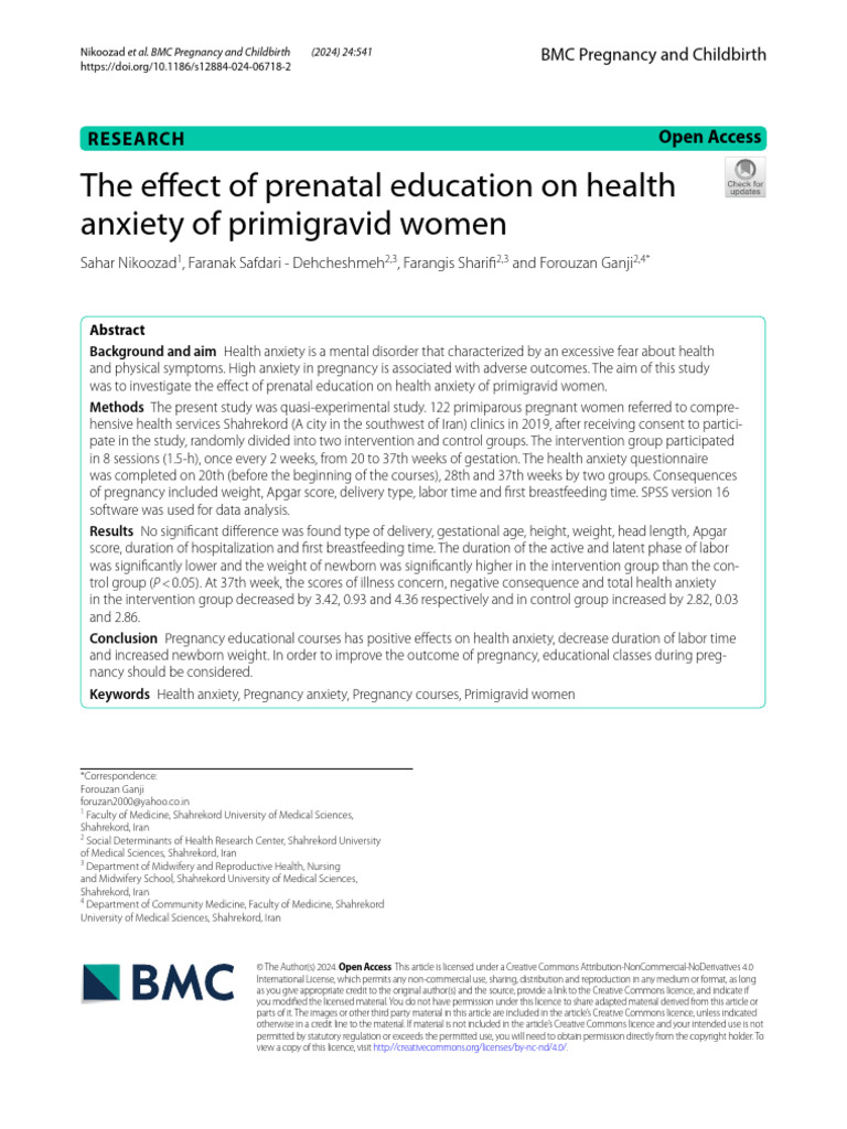 The Effect of Prenatal Education On Health Anxiety of Primigravid Women ...